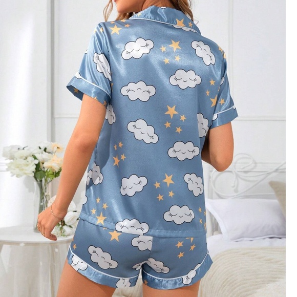 Intimates & Sleepwear | Cozy Light Blue Satin Smiley Star Print Button ...